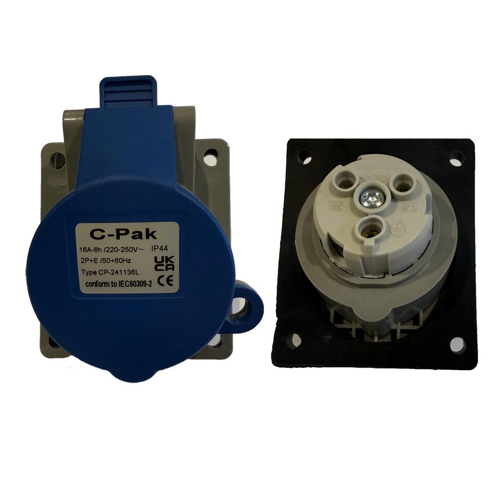 16amp 230v IP44 2P+E Panel Mounted Lockable Angled Socket - Marina ...